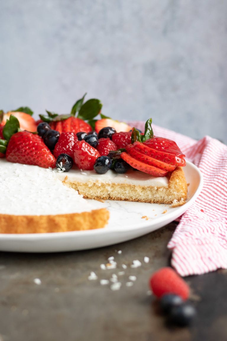 Coconut Fruit Flan with Sponge Cake Crust - Veggie Desserts